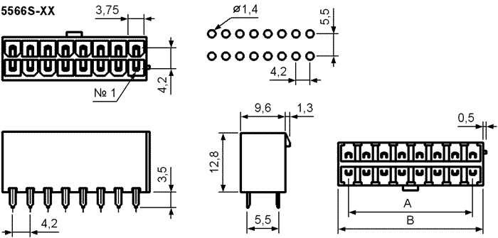 Серия 5566 (Mini-Fit Jr. MOLEX 39281) вилка на плату прямая двухрядная ...